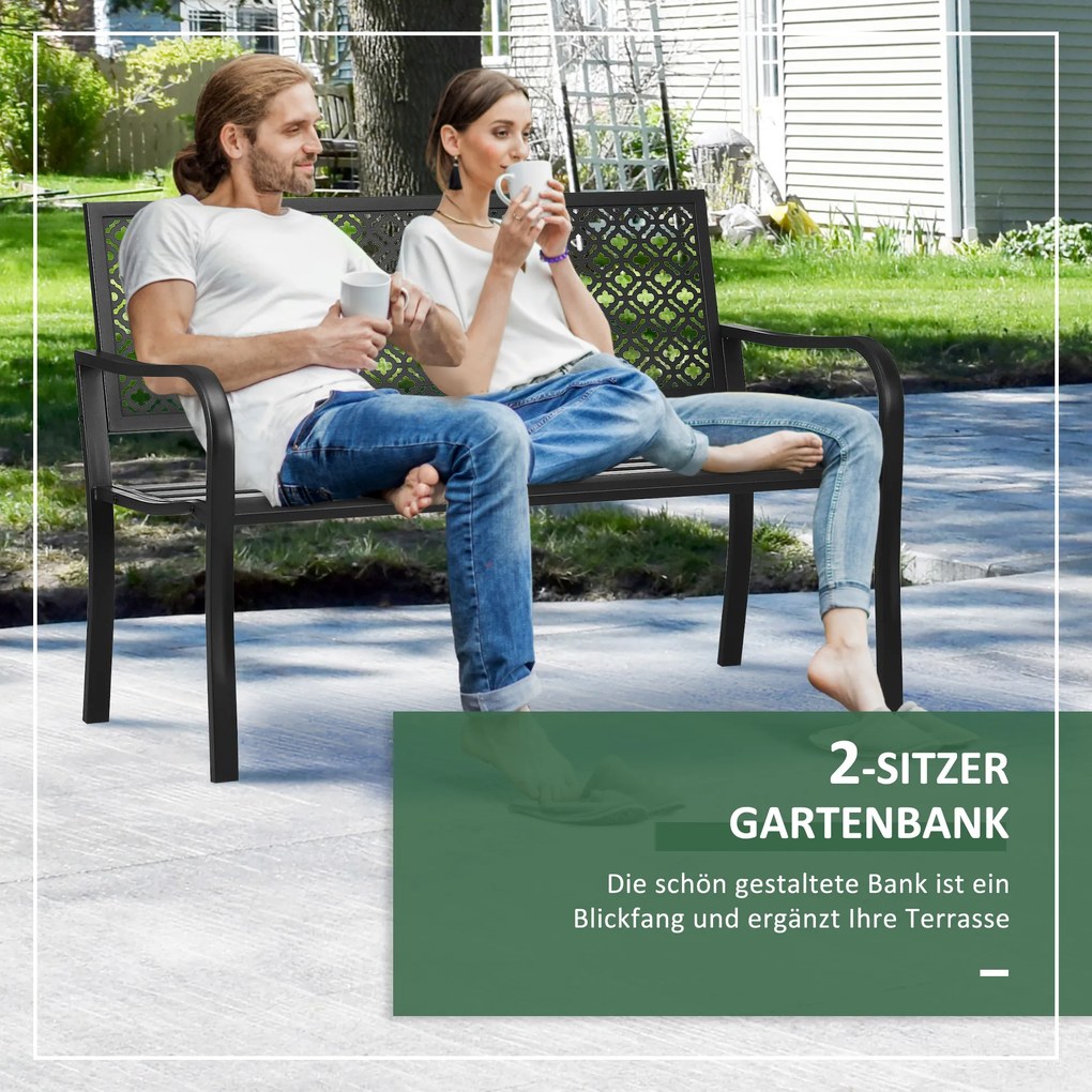Zahradní lavička Outsunny 2místná lavička s opěradlem a područkami, ocel, max. 240 kg, květinový vzor, černá, 127 x 63 x 83 cm pro zahradu a terasu |…