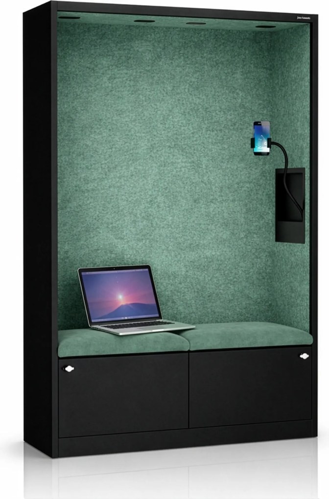 Kancelářská akustická kabina se sedátkem a USB-C portem, korpus černý / sedák zelený, 1150 mm: SALLY MentalBox