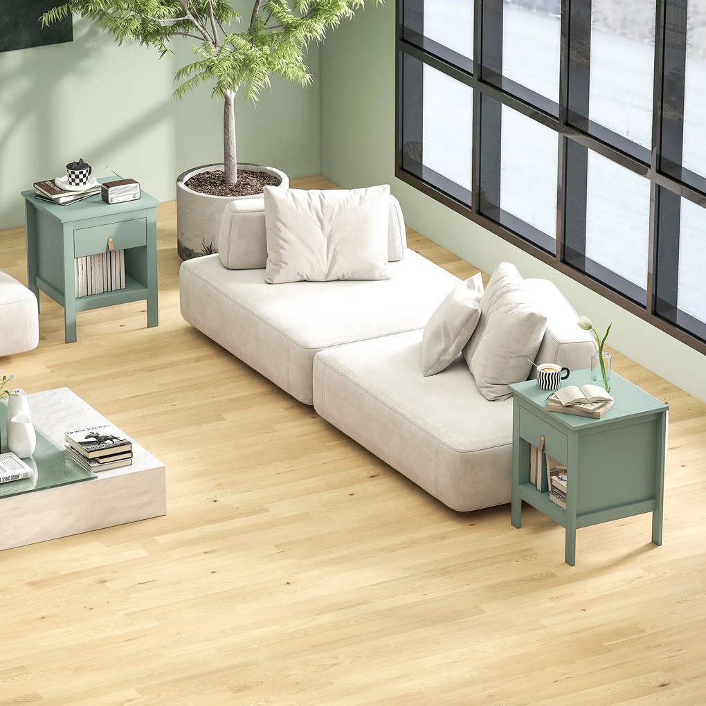 HOMCOM Sada 2 nočních stolků s šuplíkem a otevřenou přihrádkou, moderní styl pro ložnici a obývací pokoj, 45 x 40 x 55 cm, zelená