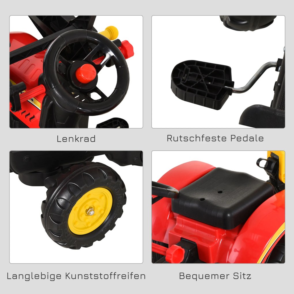 HOMCOM Šlapací traktor s přívěsem a čelním nakladačem, šlapací bagr pro děti od 3 let, červený, 179 x 42 x 59 cm, ideální pro zábavu a hry