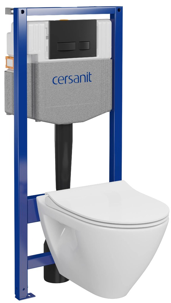 Cersanit Mille, System50 MECH podomítkový rám + závěsná wc mísa Mille Plus CleanOn + černé tlačítko MOVI II, S701-756
