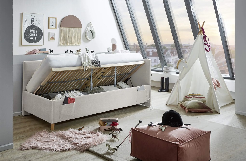 Dětská postel loop 120 x 200 cm s bočnicí a úložným prostorem béžová MUZZA
