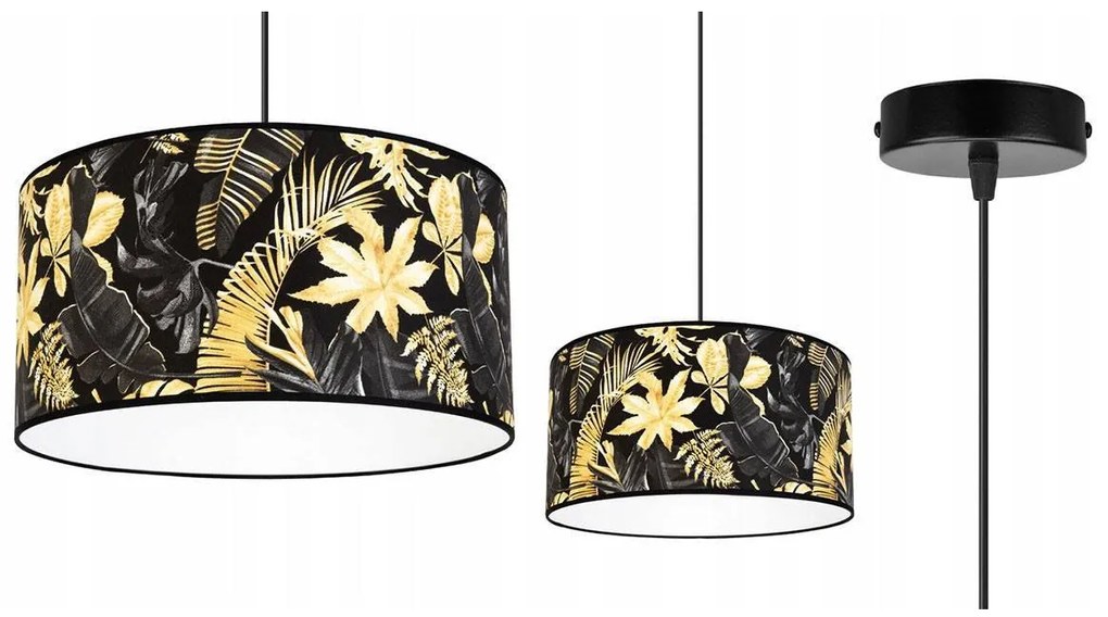 Závěsné svítidlo GOLD FLOWERS, 1x černé textilní stínítko s květinovým vzorem, (fi 40cm)