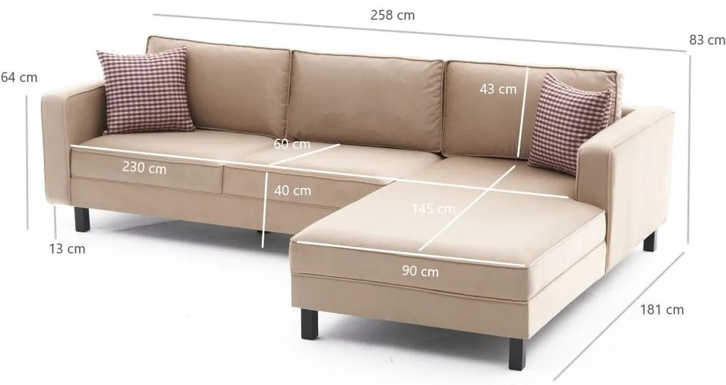Hanah Home Sametová pohovka KALE krémová pravá 825BLC2724