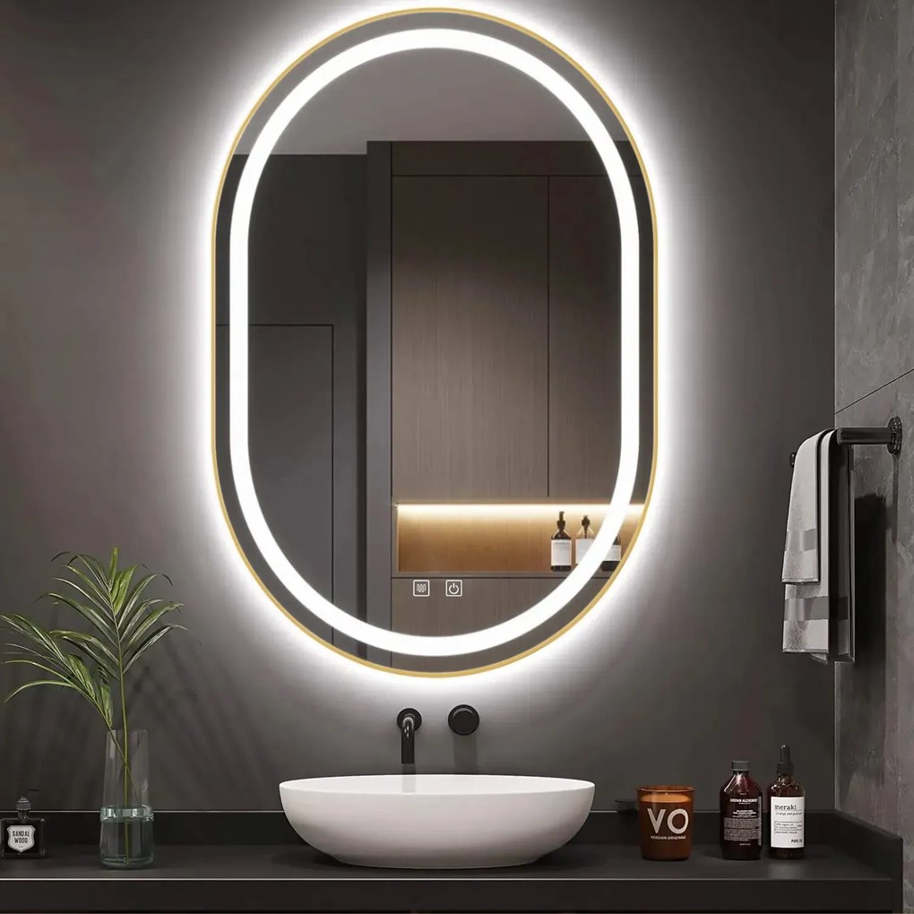 Tutumi Oválné zrcadlo 60x90 cm s regulovatelným LED osvětlením HOM-02509, kartáčovaná zlatá