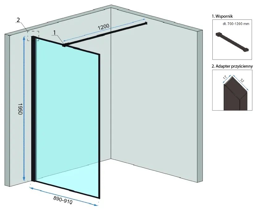 Bezrámová sprchová zástěna REA BLER 90 cm + police a věšák EVO, černá/transparent - bez vaničky