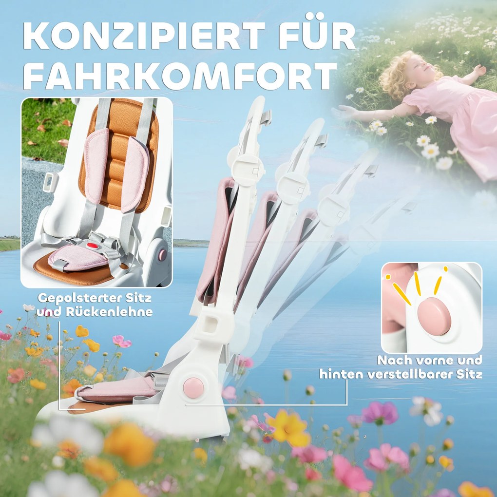 Dětská tříkolka, skládací kočárek, konstrukce 5 v 1, odnímatelná rukojeť, nastavitelná, bezpečnostní pásy, úložná taška, 1-3 roky, růžová barva