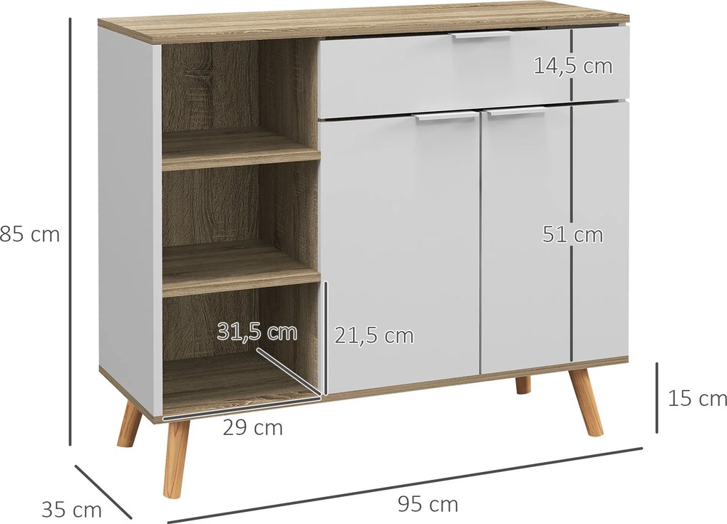 HOMCOM Moderní obývací pokoj komoda s kuchyňskou komodou, 1 zásuvka, 2 tichá dvířka a nastavitelné police do jídelny, chodby a ložnice 95x35x85 cm Bí…