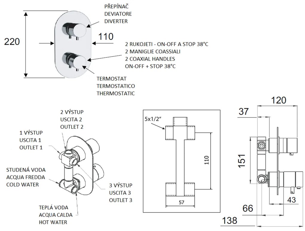 Sapho, RHAPSODY podomítková sprchová termostatická baterie, 3 výstupy, chrom, 5592T