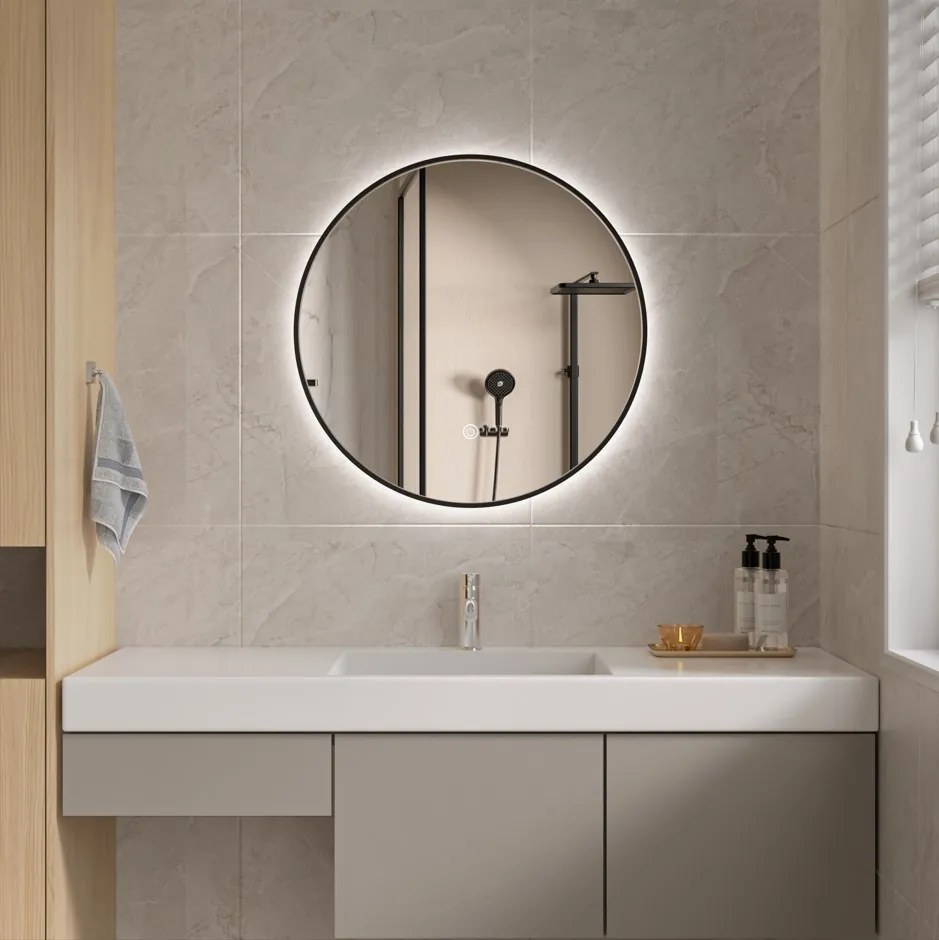 Erga Emma, ​​kulaté LED zrcadlo 60cm, černý kovový rám, 1380 lm, 6500K, zadní osvětlení, ERG-V01-201-6060-BK