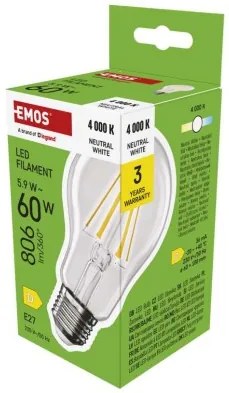 Emos lighting LED žárovka Filament A60 / E27 / 5,9 W (60 W) / 806 lm / neutrální bílá 1525733498