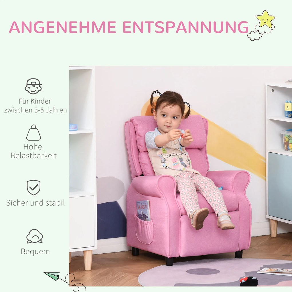 HOMCOM Nastavitelná dětská pohovka s podnožkou, útulné dětské křeslo pro 3-5 let, růžová barva, 58x53x70cm, ideální pro chlapce i dívky
