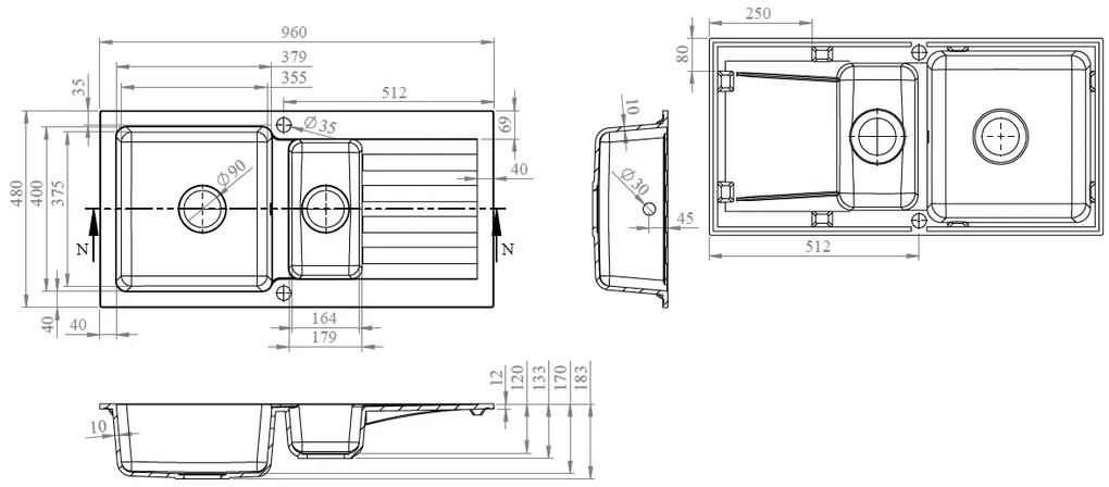 Vima 922- Granitový dřez, 1,5-sektoru, s odkapávací plochou, 960x480x183mm, Písková