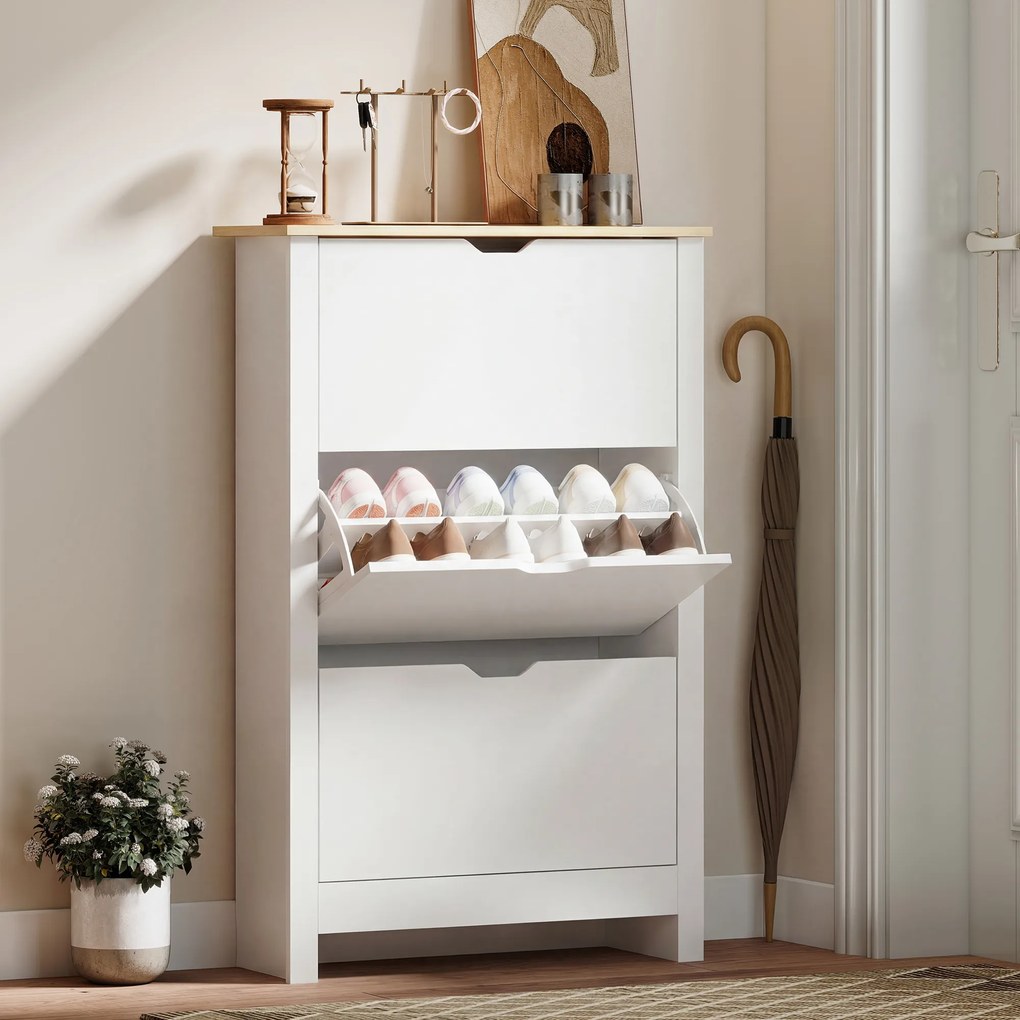 HOMCOM skříňka na boty výklopný botník 3 klapky na 18 párů bot prostorově úsporná v bílé a přírodní barvě 72 x 26 x 112 cm do předsíně a vstupních pr…