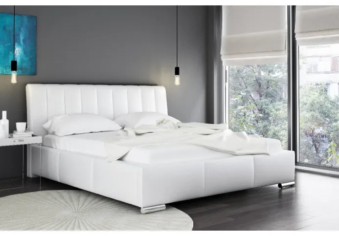 Elegantní postel Malone s vysokým čelem a úložným prostorem bílá eko kůže 200 x 200