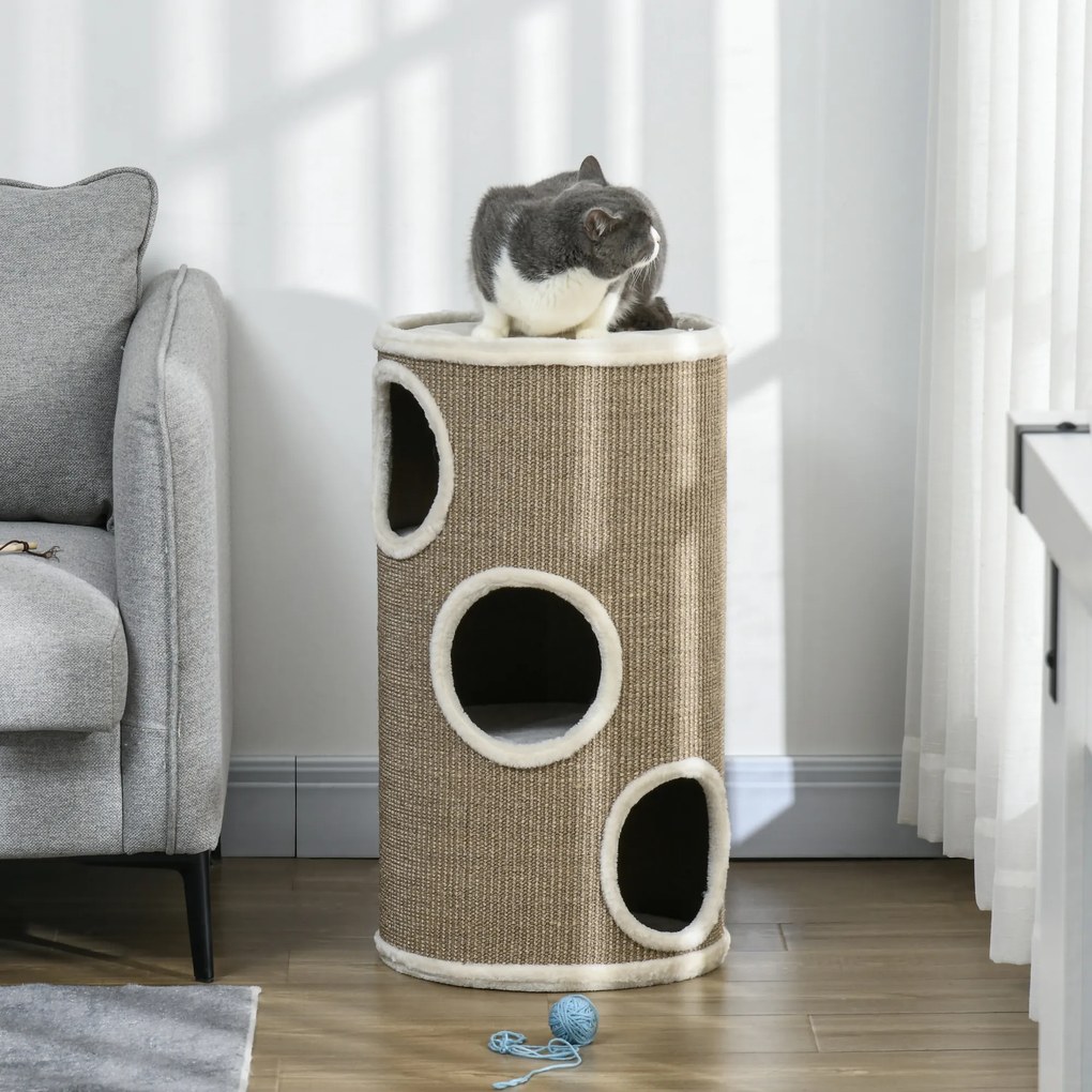 PawHut škrábací sud 70 cm pro kočky, hrací sud se 3 úrovněmi a jeskyněmi, škrabadlo pro kočky ze sisalu a plyše, stabilní škrábací věž | Aosom.de