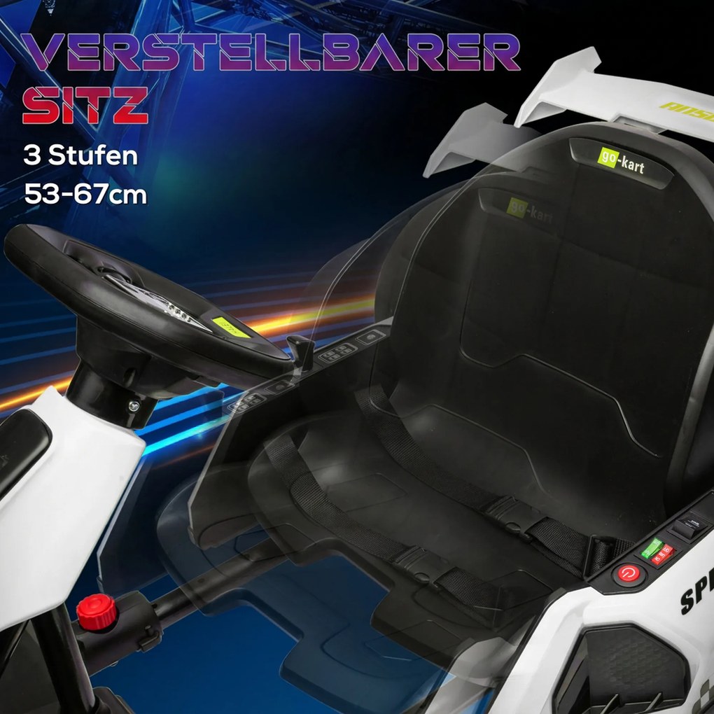 HOMCOM Elektrický Go-Kart pro Děti 6-12 Let 24V 12km/h s Nastavitelným Sedadlem, Drift Go-Kart s Klaksonem, Světly a Hudbou, Bílý