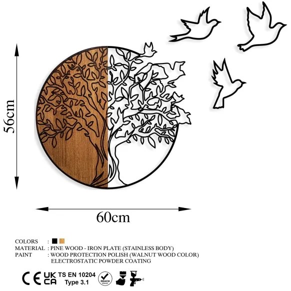 Nástěnná dekorace 60x56 cm strom a ptáci dřevo/kov
