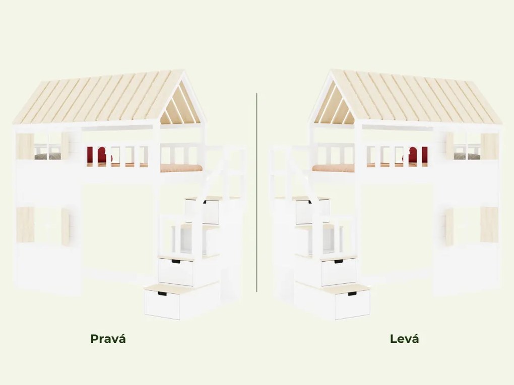 WoodPassion Zvýšená postel CHALOUPKA s úložnými schody 90x200 cm Zvolte barvu: Bílá - Přírodní, Zvolte stranu: Vpravo