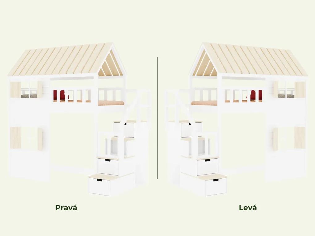 WoodPassion Zvýšená postel CHALOUPKA s úložnými schody 90x200 cm Zvolte barvu: Bílá - Šedá, Zvolte stranu: Vpravo