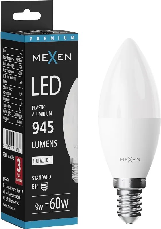 Mexen Nova, LED žárovka E14, C37, 9W, teplá - 3000K, 945 lm - L102-E14-0940-01