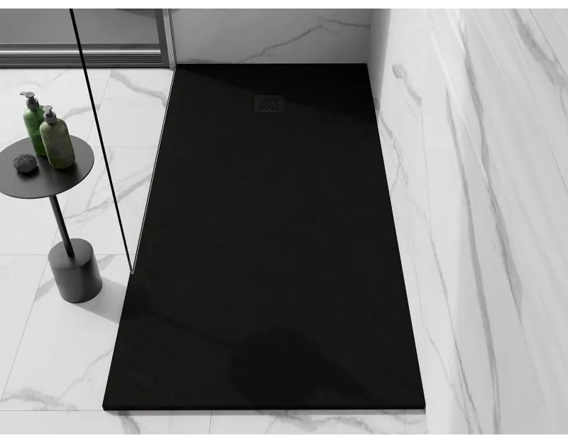 Mexen Stone+, obdélníková vanička z minerálního kompozitu 160 x 70 cm, černá, černá krytka, 44707016-B