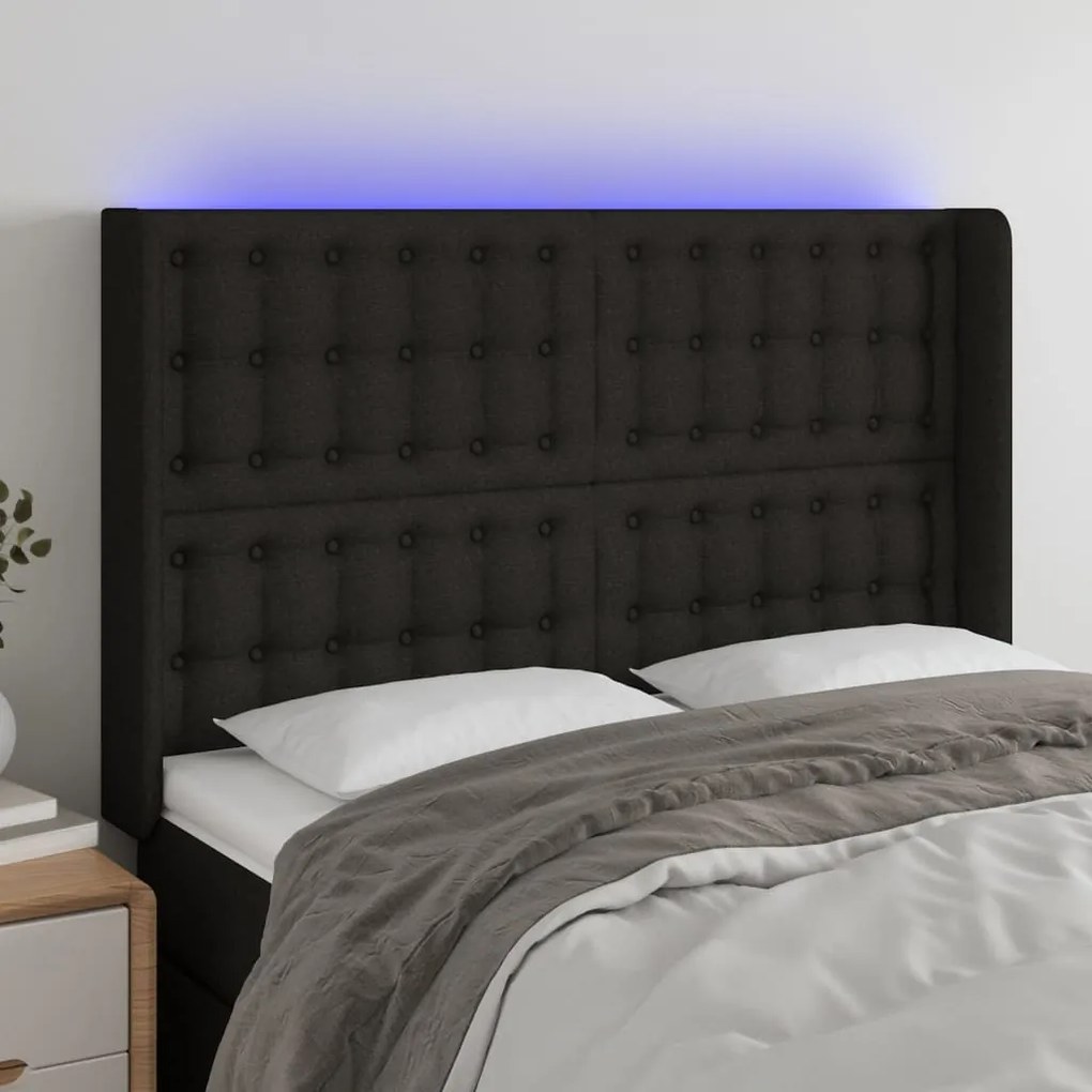 Čelo postele s LED černé 147 x 16 x 118/128 cm textil 3124482