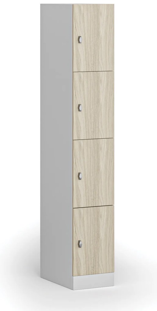 Šatní skříňka S1 s úložnými boxy, 4 boxy, 1850 x 300 x 500 mm, otočný zámek, laminované dveře, dub přírodní