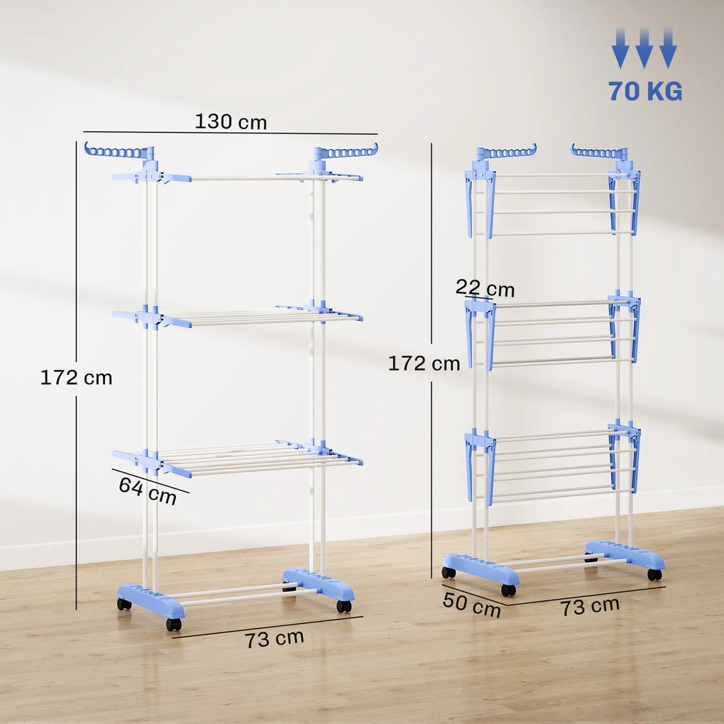 HOMCOM Věžový sušák 73 x 64 x 177 cm výsuvný s kolečky 4 úrovně pro vnitřní i venkovní použití ocelově modrý | Aosom.de