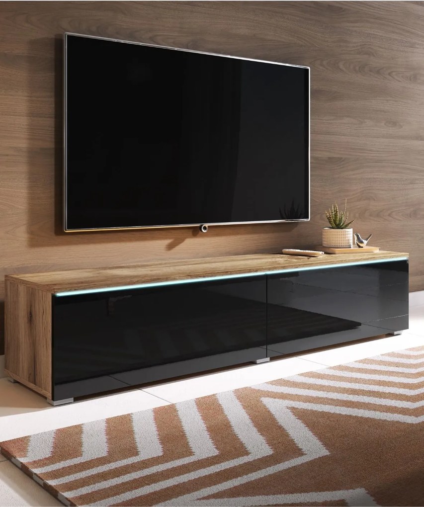 TV stolek LED 140 cm závěsný nebo stojící dub wotan/černý lesk Lowboard D