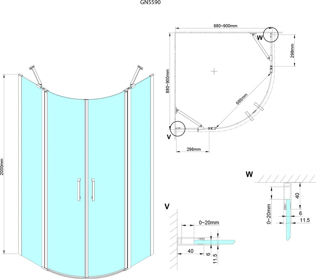 Gelco LORO čtvrtkruhová sprchová zástěna 90 x 90 x 200 cm čiré sklo GN5590