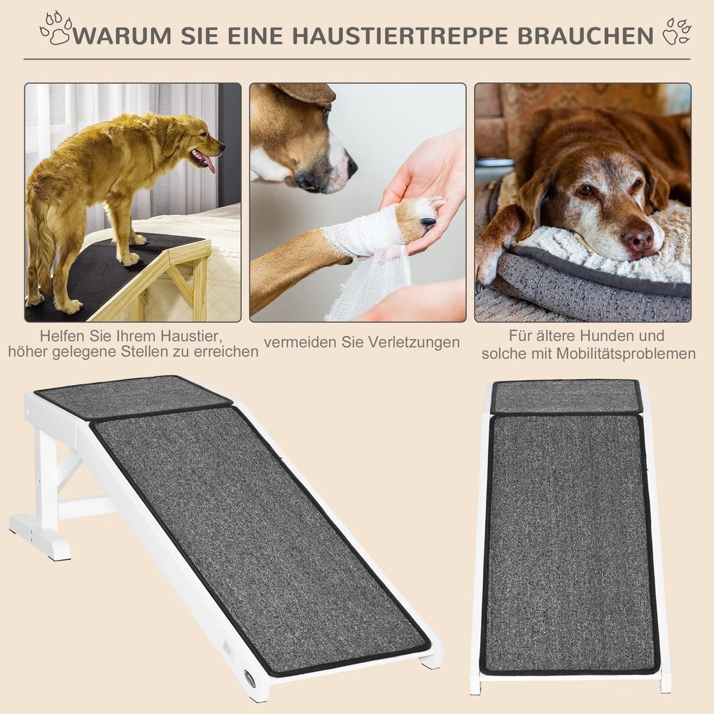 PawHut Rampa pro psy s protiskluzovým kobercem Žebřík pro psy Rampa pro psy do 30 kg Borovicové dřevo Polyester Bílá+Šedá 125 x 40 x 35,5 cm | Aosom