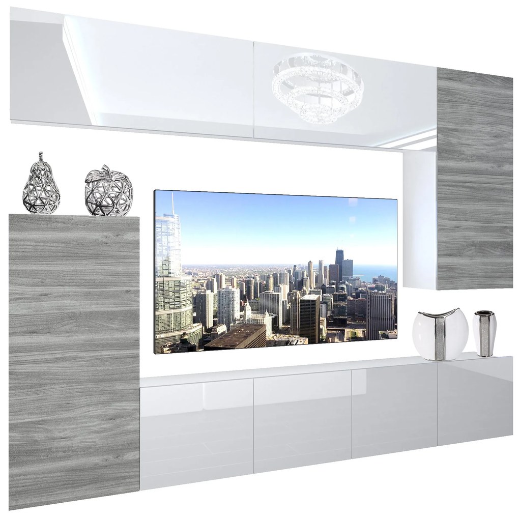 Obývací stěna Belini Premium Full Version  bílý lesk / dšedý antracit Glamour Wood + LED osvětlení Nexum 119