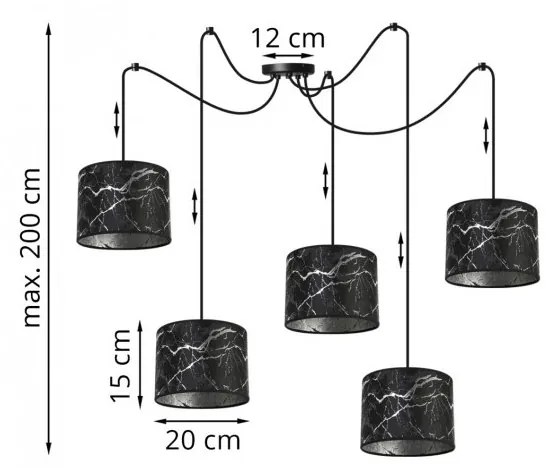Závěsné svítidlo Werona Spider, 5x černé textilní stínítko se vzorem, s
