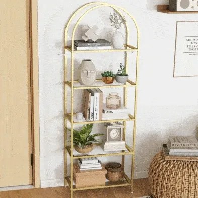 HOMCOM regál s 5 policemi z oceli a tvrzeného skla, 60x30x175 cm, zlatá