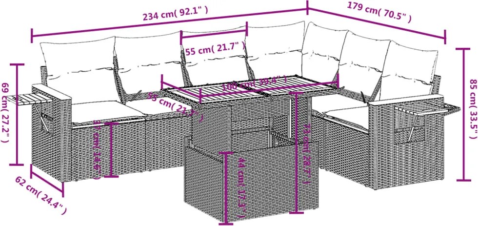 7dílná zahradní sedací souprava s poduškami šedá polyratan 3273538
