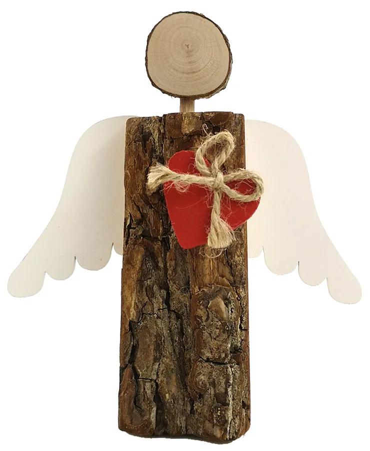 AMADEA Dřevěný anděl s kůrou s bílými křídly a čeveným srdcem, masivní dřevo, 19x14,5x3 cm
