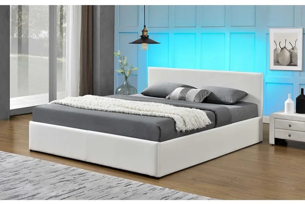 Tempo Kondela Čalouněná postel JADA NEW 180x200, s úložným prostorem a LED osvětlením, bílá