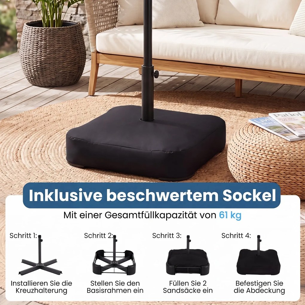 Costway Dvojitý slunečník s klikou a stojanem s 108 LED světle – 370 × 200 cm