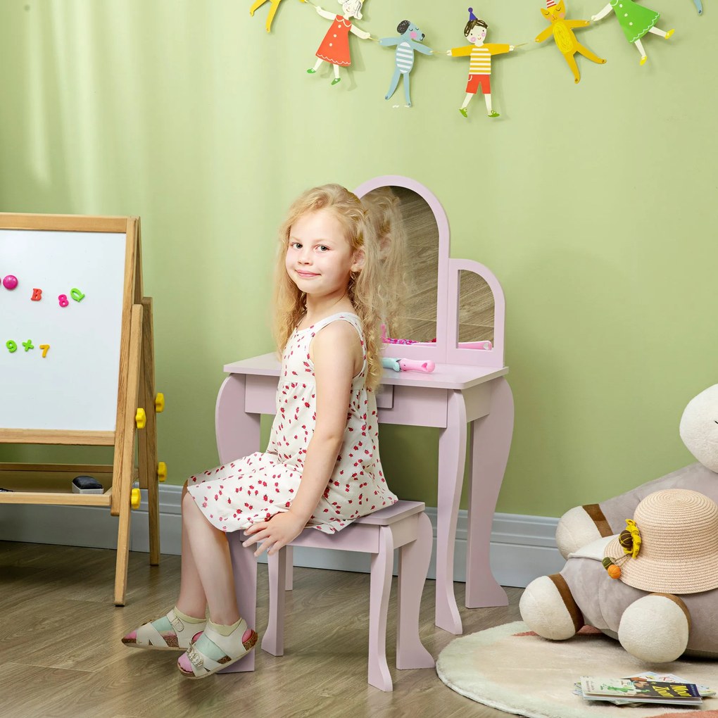 HOMCOM Dětský Toaletní Stolek s Taburetem a 3 Zrcadly - 3-6 let - 52 x 32 x 85 cm - Růžový