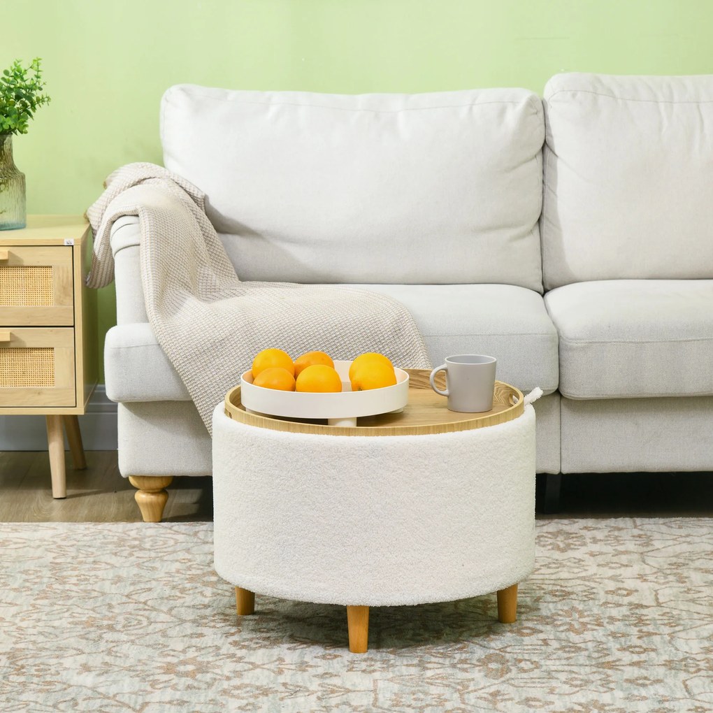 HOMCOM taburet Ø56 x 42 cm, kulatý čalouněný taburet s úložným prostorem a odklápěcím víkem, dřevěné nohy, ideální do obývacího pokoje a ložnice, bílý