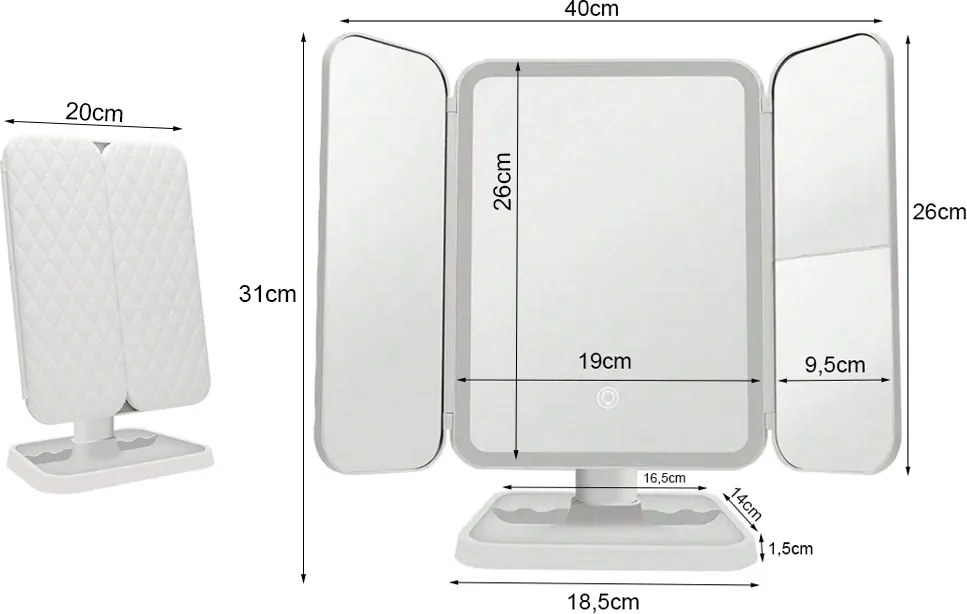 Verk Group Kosmetické zrcadlo osvětlené led skládací make-up zrcadlo premium
