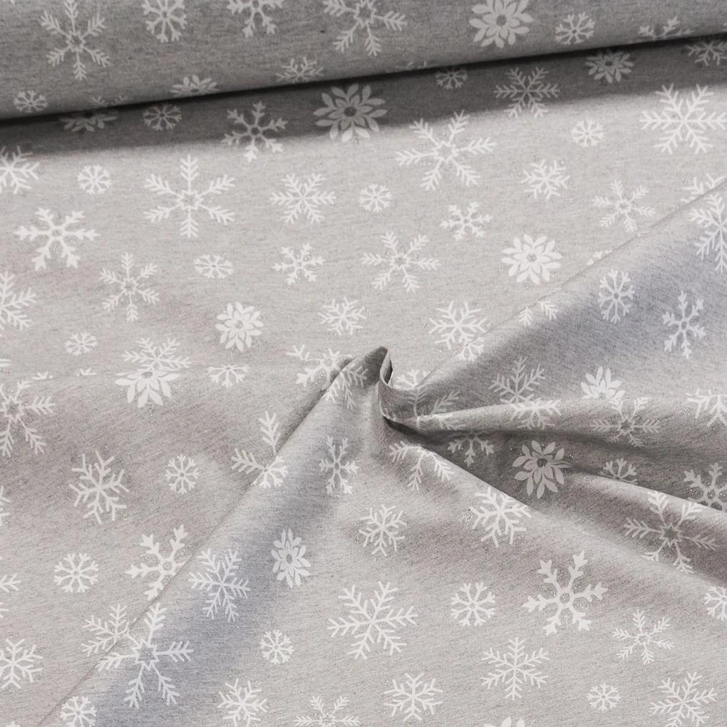 Ubrus látkový vánoční RESINATO, nešpinivý s akrylovým nástřikem, vločky na šedé, š. 140cm (metráž)