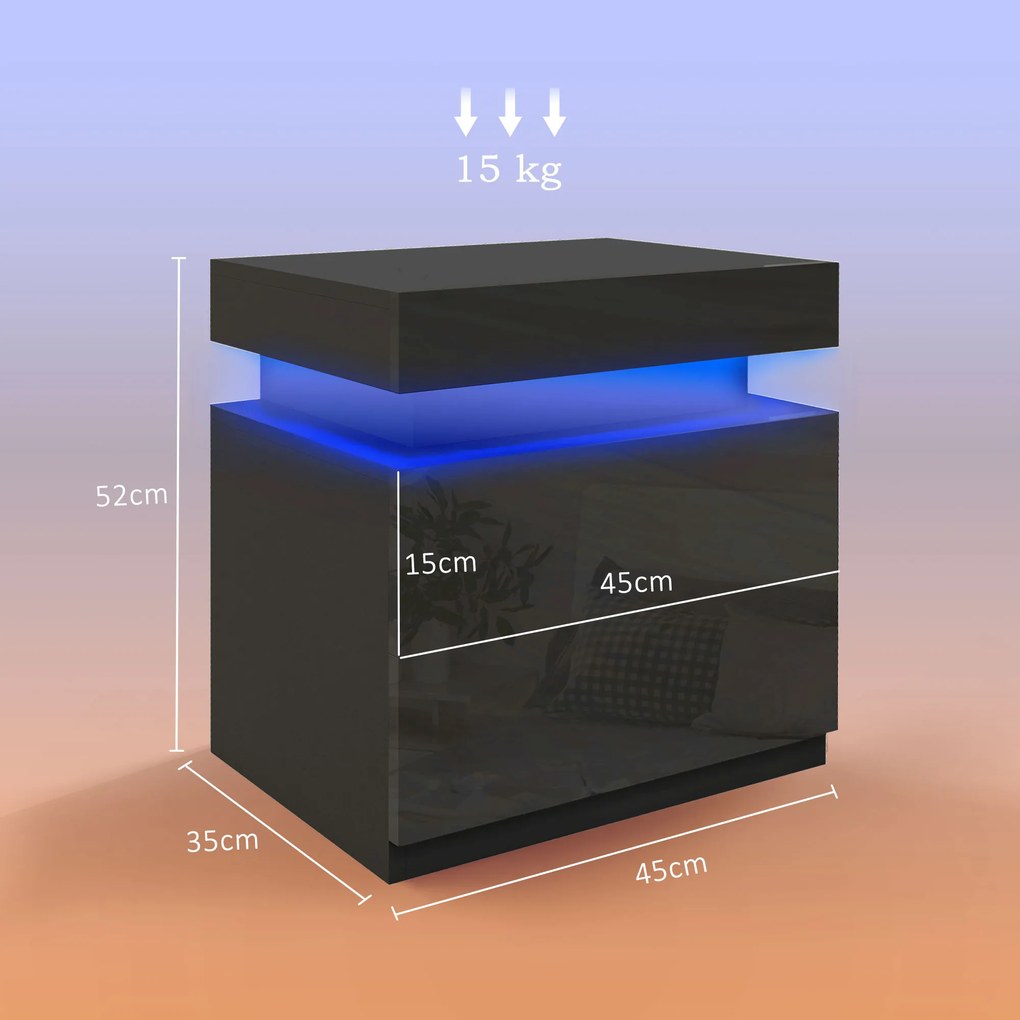 HOMCOM noční stolek s RGB LED světlem, vysokolesklá čelní deska se 2 šuplíky pro obývací pokoj nebo ložnici, černá