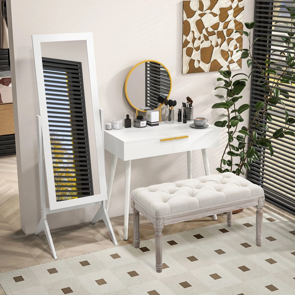 HOMCOM Toaletní stolek s kulatým zrcadlem, líčící stolek se 2 zásuvkami, moderní styl pro ložnici nebo šatnu 80x40x123 cm Bílý