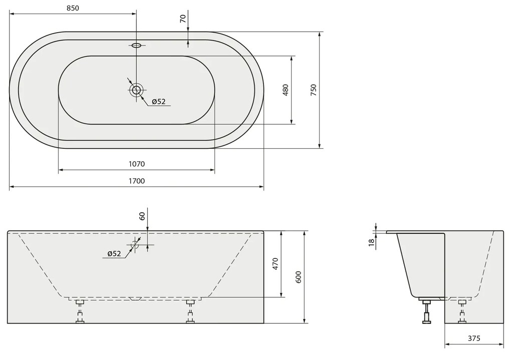 Polysan Viva C Monolith polozápustná vana oválná 170 x 75 x 60 cm akrylátová bílá 79119CM