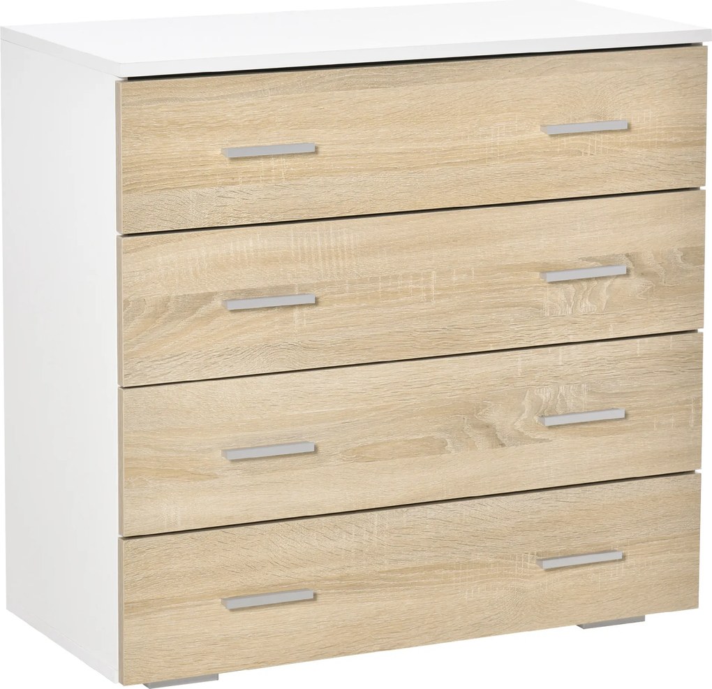 HOMCOM Komoda se 4 šuplíky - Moderní pomocný úložný kabinet do ložnice, chodby nebo obývacího pokoje, 76x35x72 cm, dub a bílá