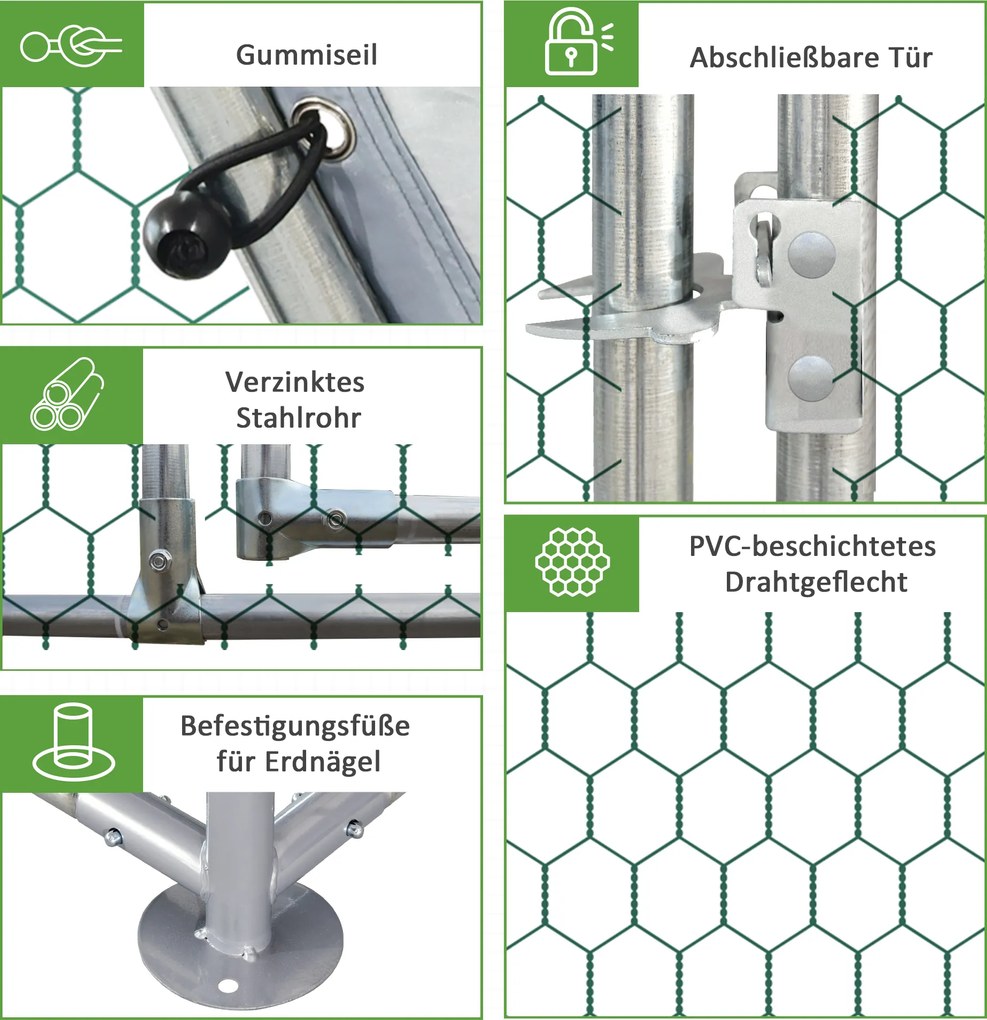 PawHut kurník pro volný výběh pro 10-12 kuřat s dvířky a střechou s vodoodpudivou ochranou proti slunci, Oxford/stříbrná 280x380x195cm | Aosom.de