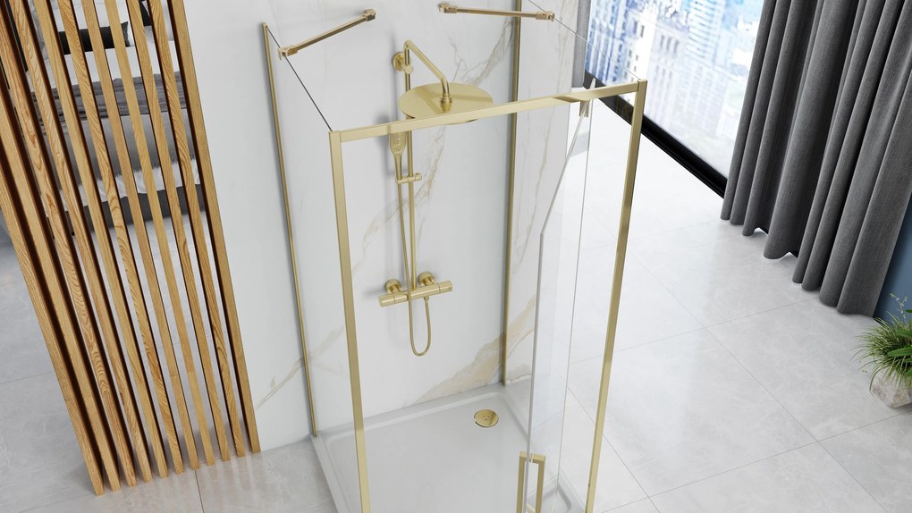 Rea Rapid Swing, 3-stěnový sprchový kout 100 (dveře) x 100 (stěna) x 100 (stěna) x 195 cm, 6mm čiré sklo, zlatý lesklý profil, KPL-09415