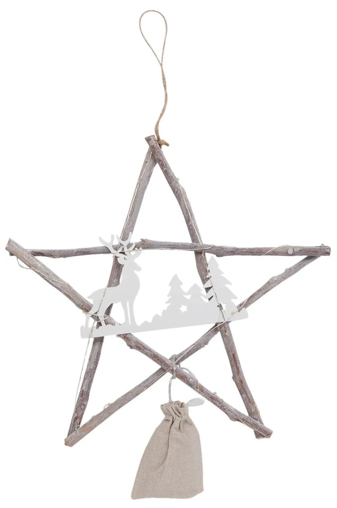 Závěsná vánoční dřevěná hvězda se světýlky - 39*3*38 cm